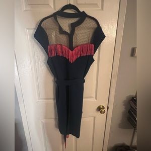 Dresses | Dobby Mesh Insert Fringe Trim High Low Hem Belted Dress Brand ...